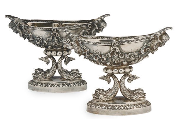 A PAIR OF CONTINENTAL SILVER SALT CELLARS ON DOLPHIN-FORM BASES, , 20TH ...