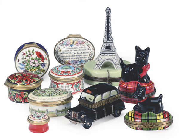 SIX ENGLISH ENAMEL PILL BOXES WITH HINGED COVERS, AND FOUR FRENCH ...