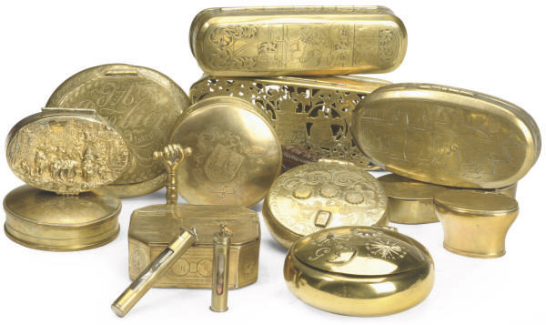 A GROUP OF TWELVE BRASS SNUFF BOXES,