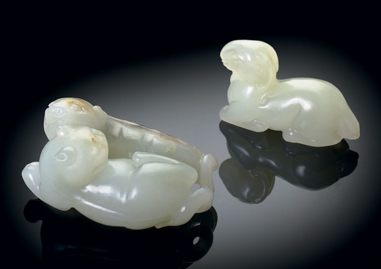 TWO SMALL PALE WHITE JADE ANIMAL CARVINGS