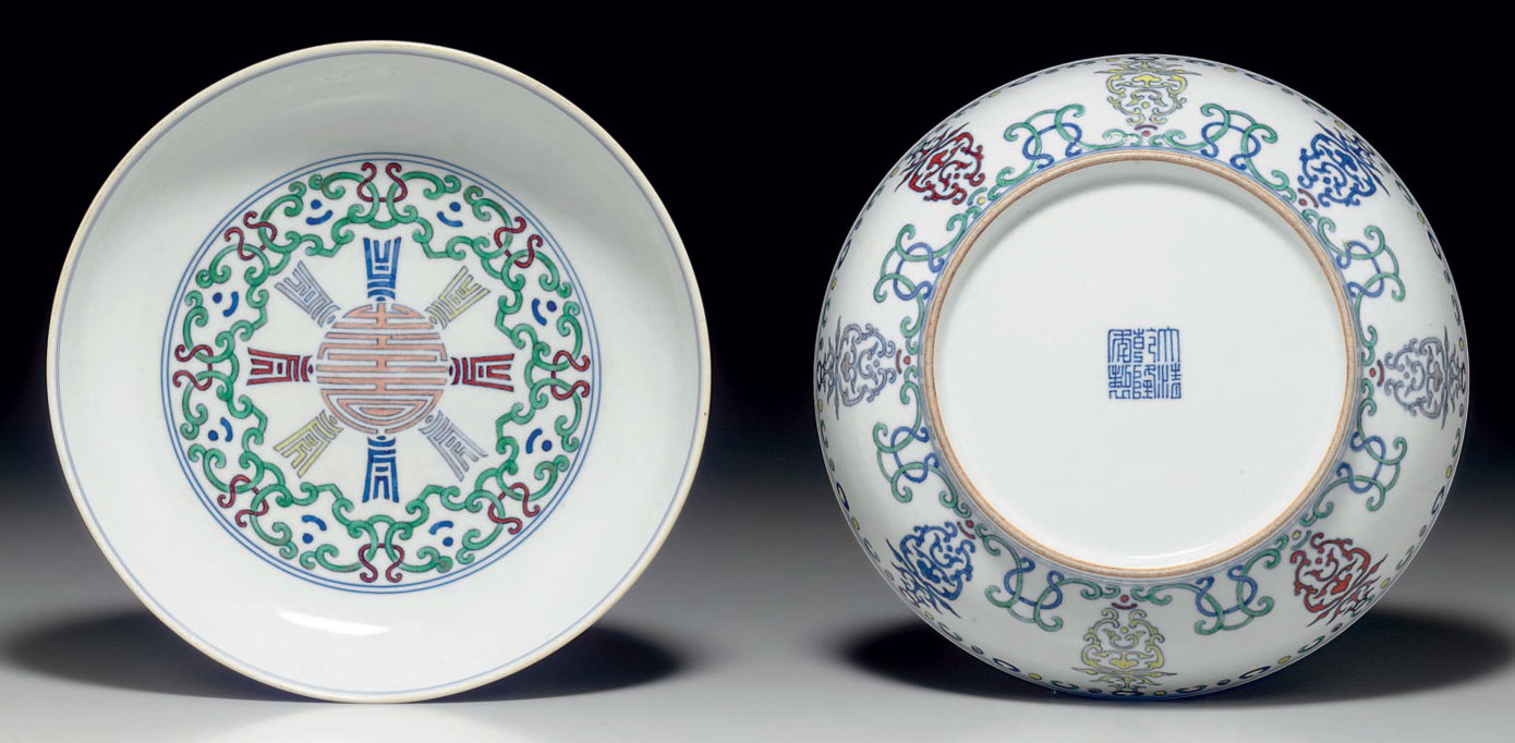 TWO DOUCAI DISHES , QIANLONG SEAL MARKS IN UNDERGLAZE BLUE AND OF THE ...