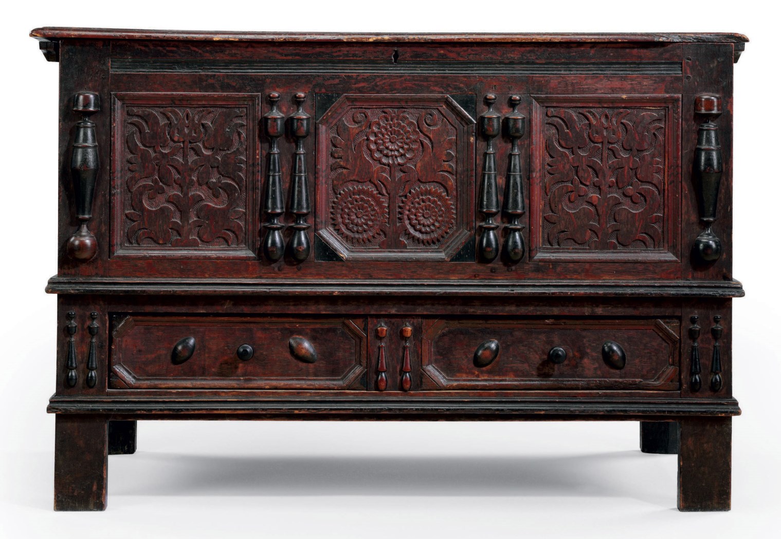 A JOINED AND PAINTED OAK "SUNFLOWER" CARVED CHEST WITH ONE DRAWER ...