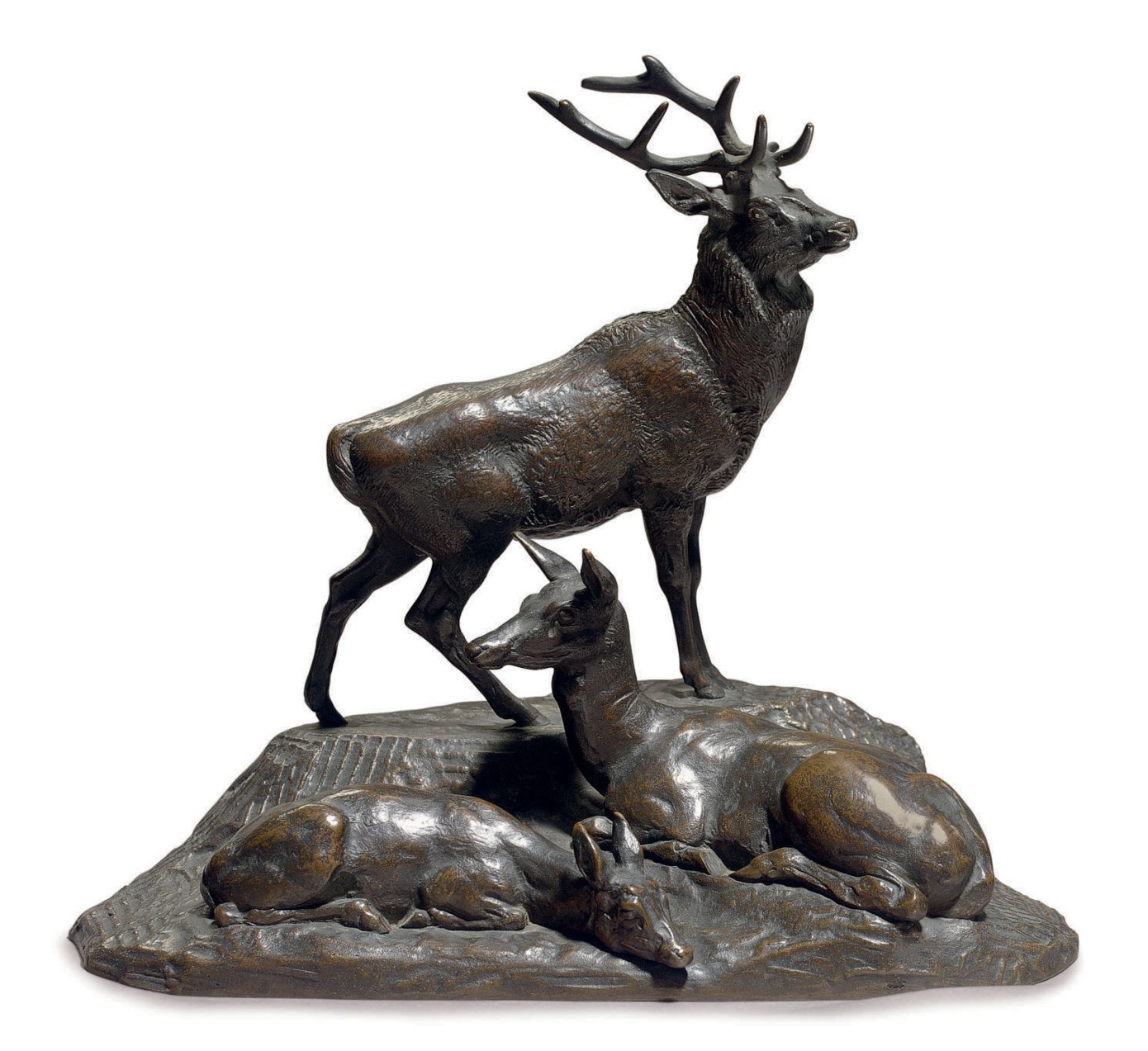 A FRENCH PATINATED BRONZE FIGURAL GROUP ENTITLED 'CERF, BICHE ET FAON ...