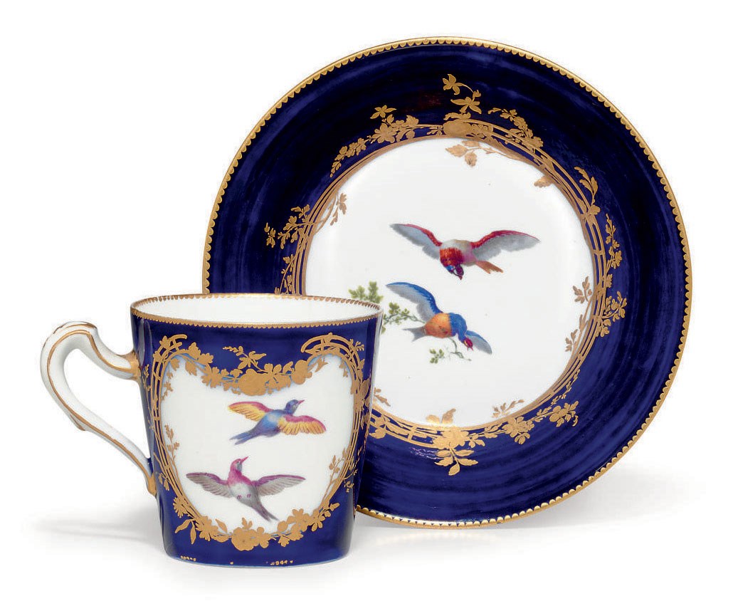 A VINCENNES PORCELAIN BLEU LAPIS CUP AND SAUCER (GOBELET 'A LA REINE ...