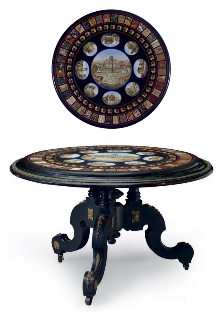 A ROMAN MICROMOSAIC AND SPECIMEN MARBLE TABLE-TOP, ON GILT-METAL ...