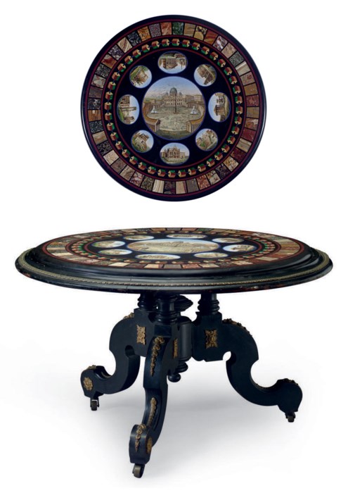 A ROMAN MICROMOSAIC AND SPECIMEN MARBLE TABLE-TOP, ON GILT-METAL ...