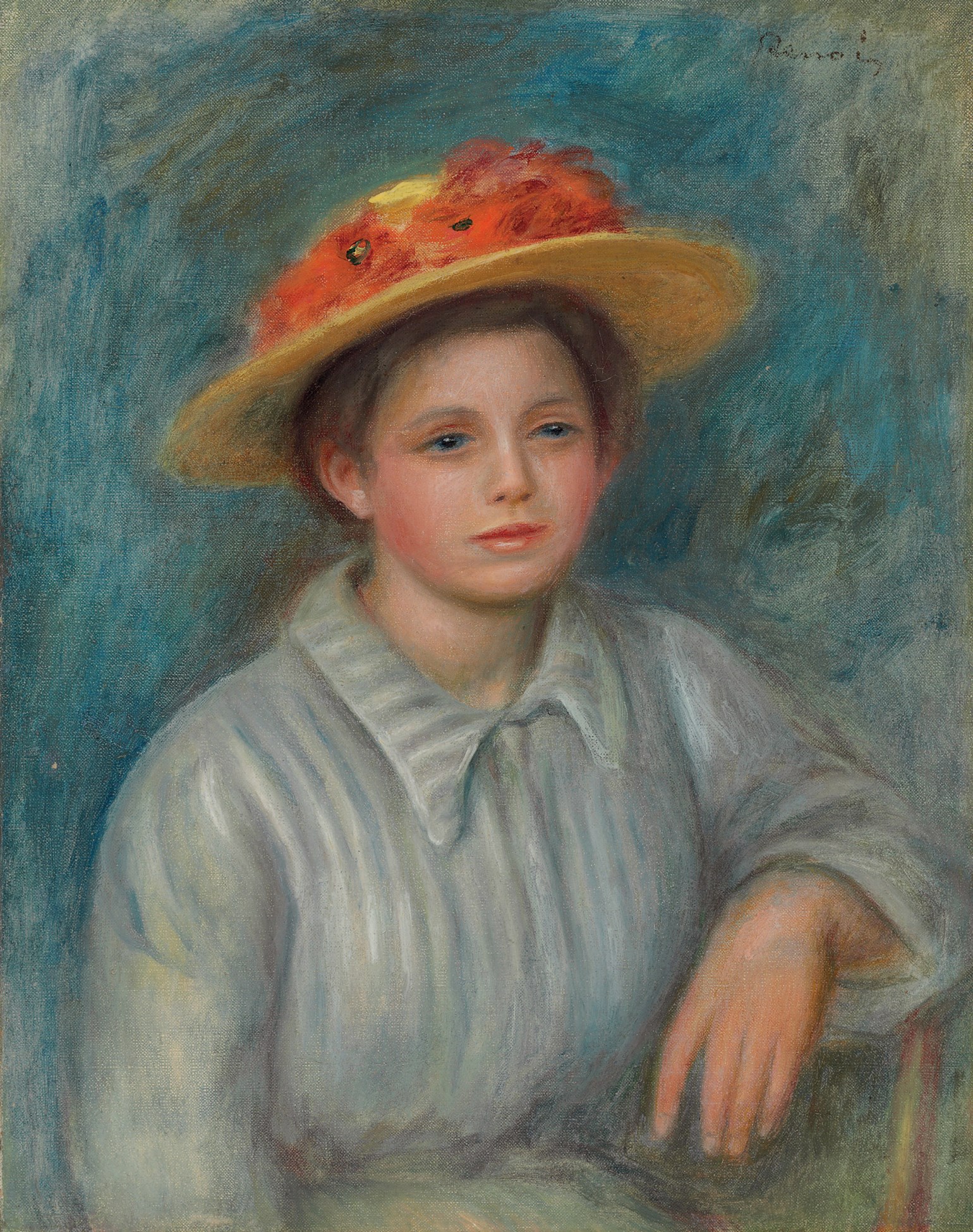 Pierre-Auguste Renoir (1841-1919) , Portrait de femme au chapeau fleuri ...