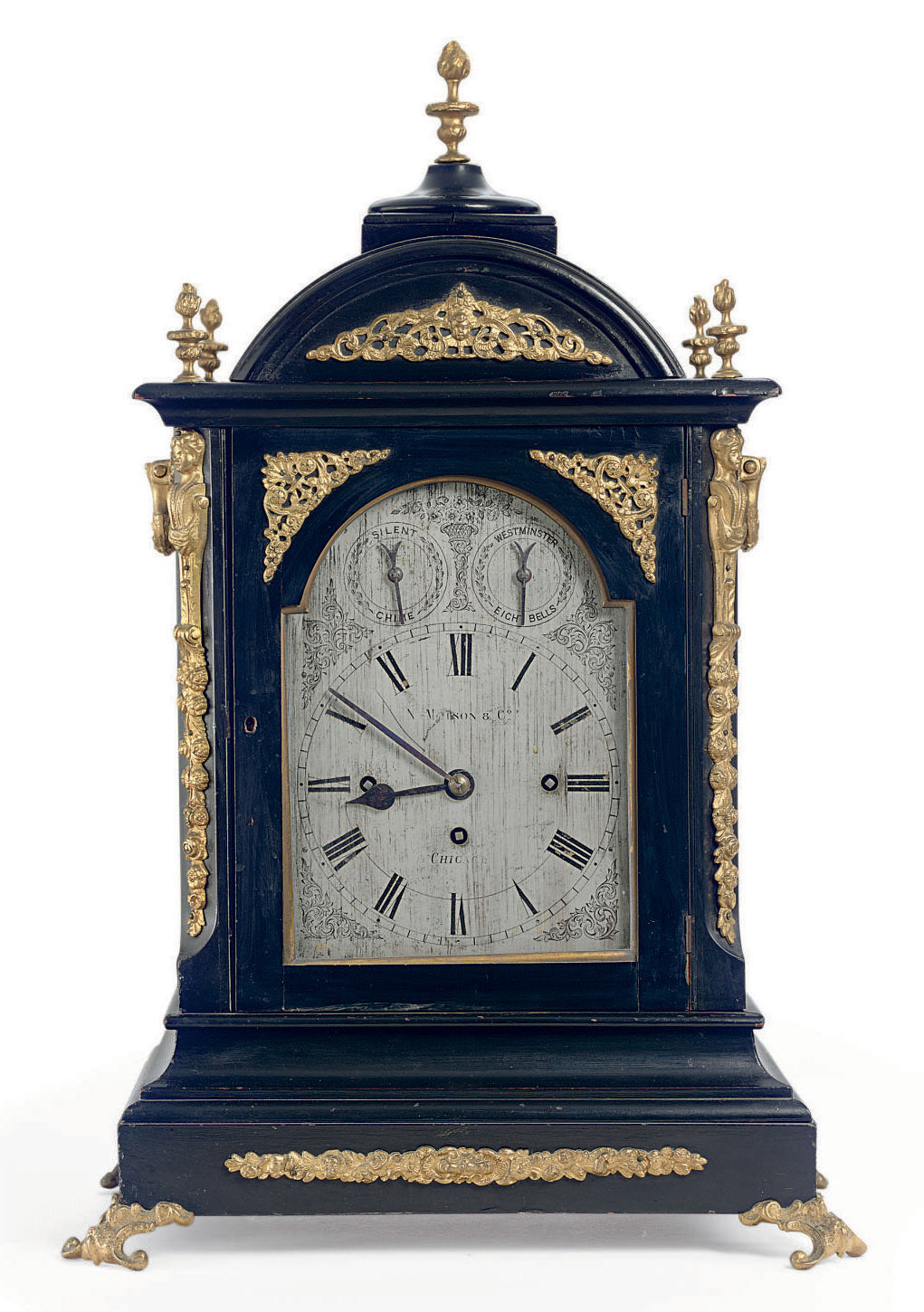 A VICTORIAN ORMOLU-MOUNTED EBONIZED WESTMINSTER CHIMING BRACKET CLOCK