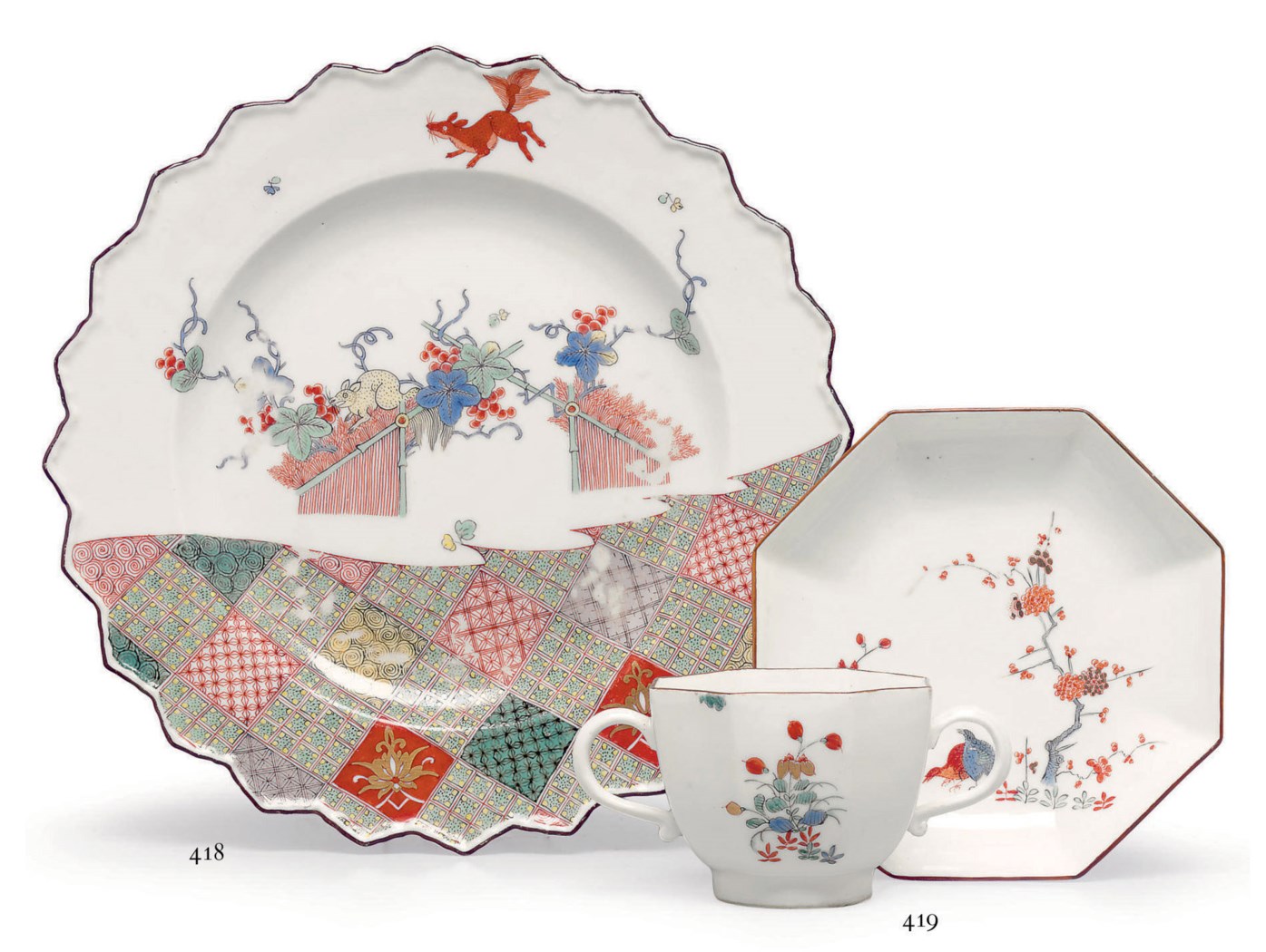 A MEISSEN PORCELAIN BROCADE-PATTERN KAKIEMON AND IMARI SERRATED PLATE ...