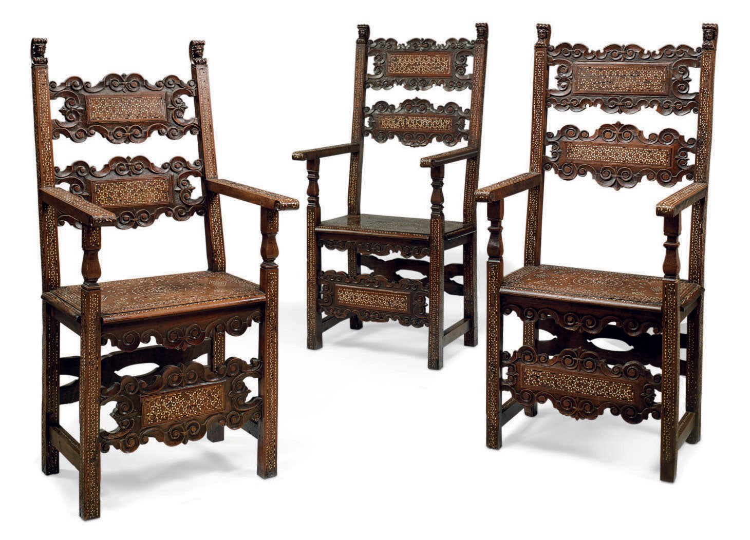 A SET OF THREE ITALIAN BONE-INLAID WALNUT CHAIRS , 16TH CENTURY AND ...