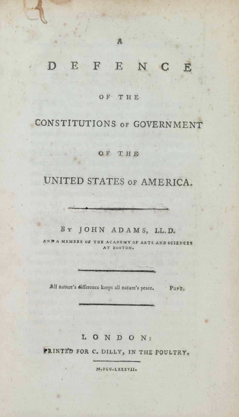 ADAMS, John (1735-1826). A Defence of the Constitutions of Government ...
