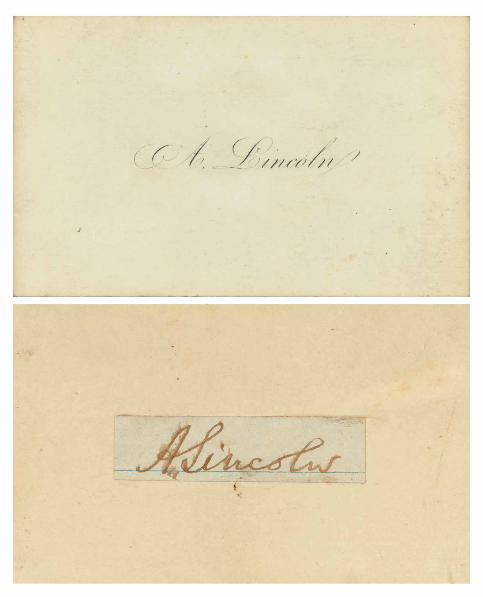 LINCOLN, Abraham. Engraved calling card of "A. Lincoln," undated ...