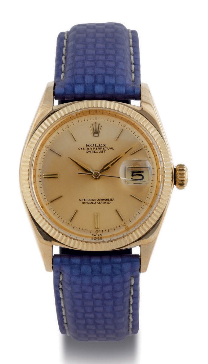 ROLEX. A 14K GOLD AUTOMATIC WRISTWATCH WITH DATE AND CENTER SECONDS ...