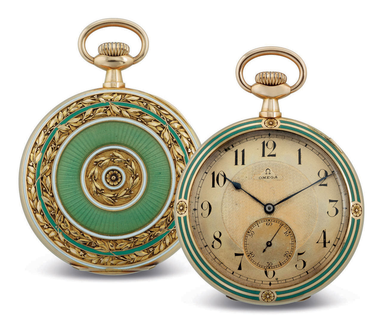 OMEGA. AN 18K GOLD AND ENAMEL OPENFACE KEYLESS LEVER WATCH