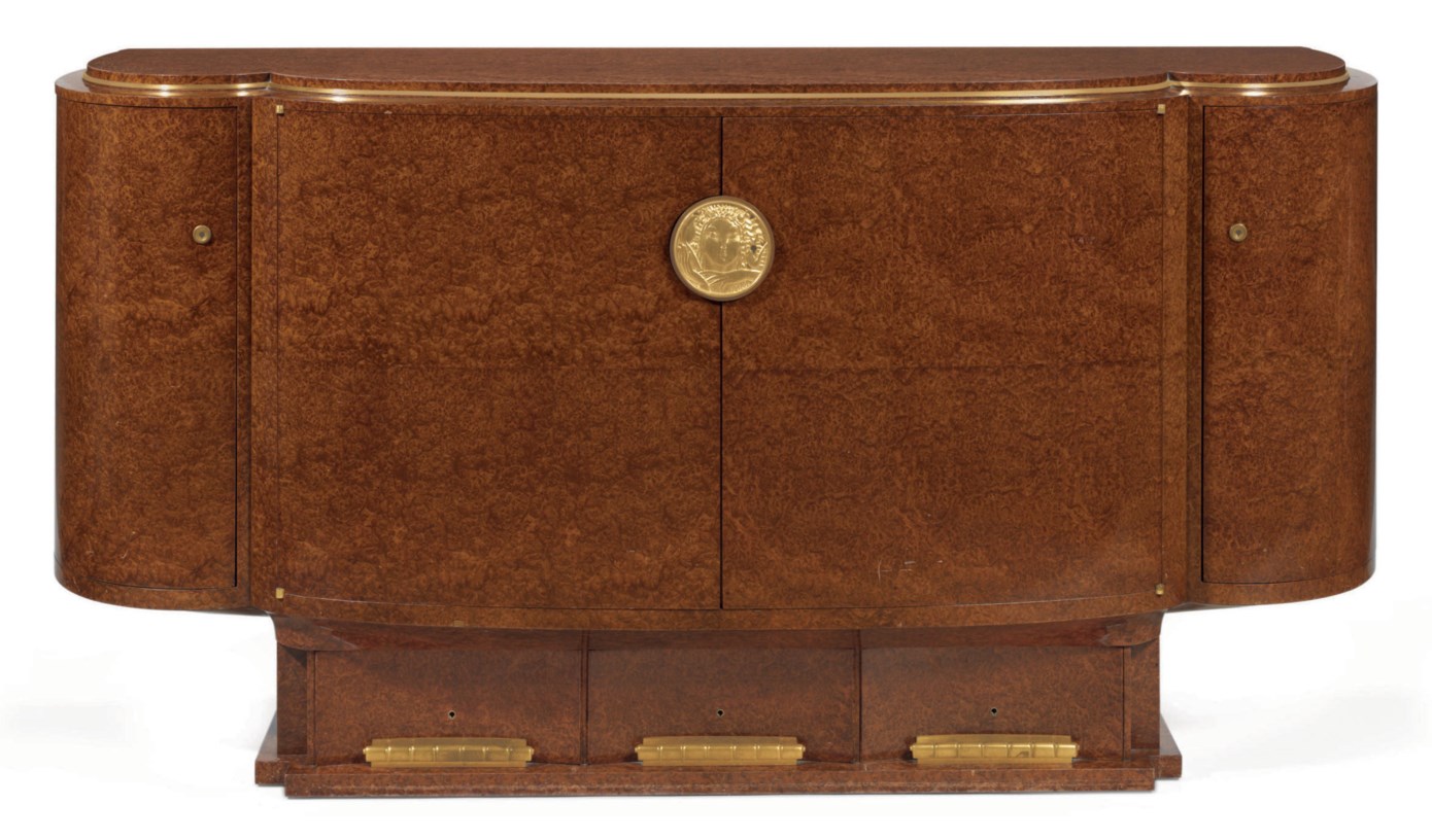 EMILE-JACQUES RUHLMANN (1879-1933) , A BURR AMBOYNA AND GILT-BRONZE ...