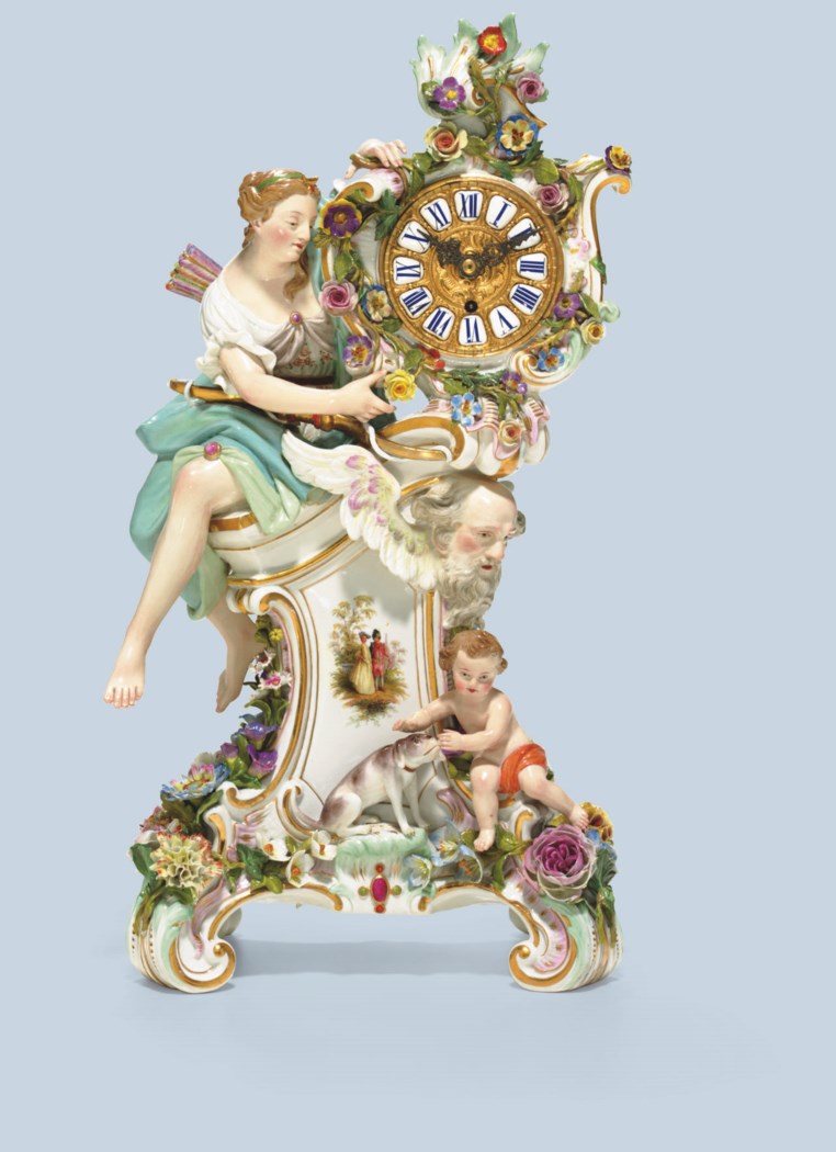 A MEISSEN MYTHOLOGICAL FLOWER-ENCRUSTED MANTEL CLOCK