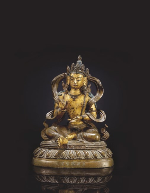 STATUETTE DE BODHISATTVA EN BRONZE PARTIELLEMENT DORE, TIBETO-CHINOIS, MARQUE A SEPT CARACTERES ...