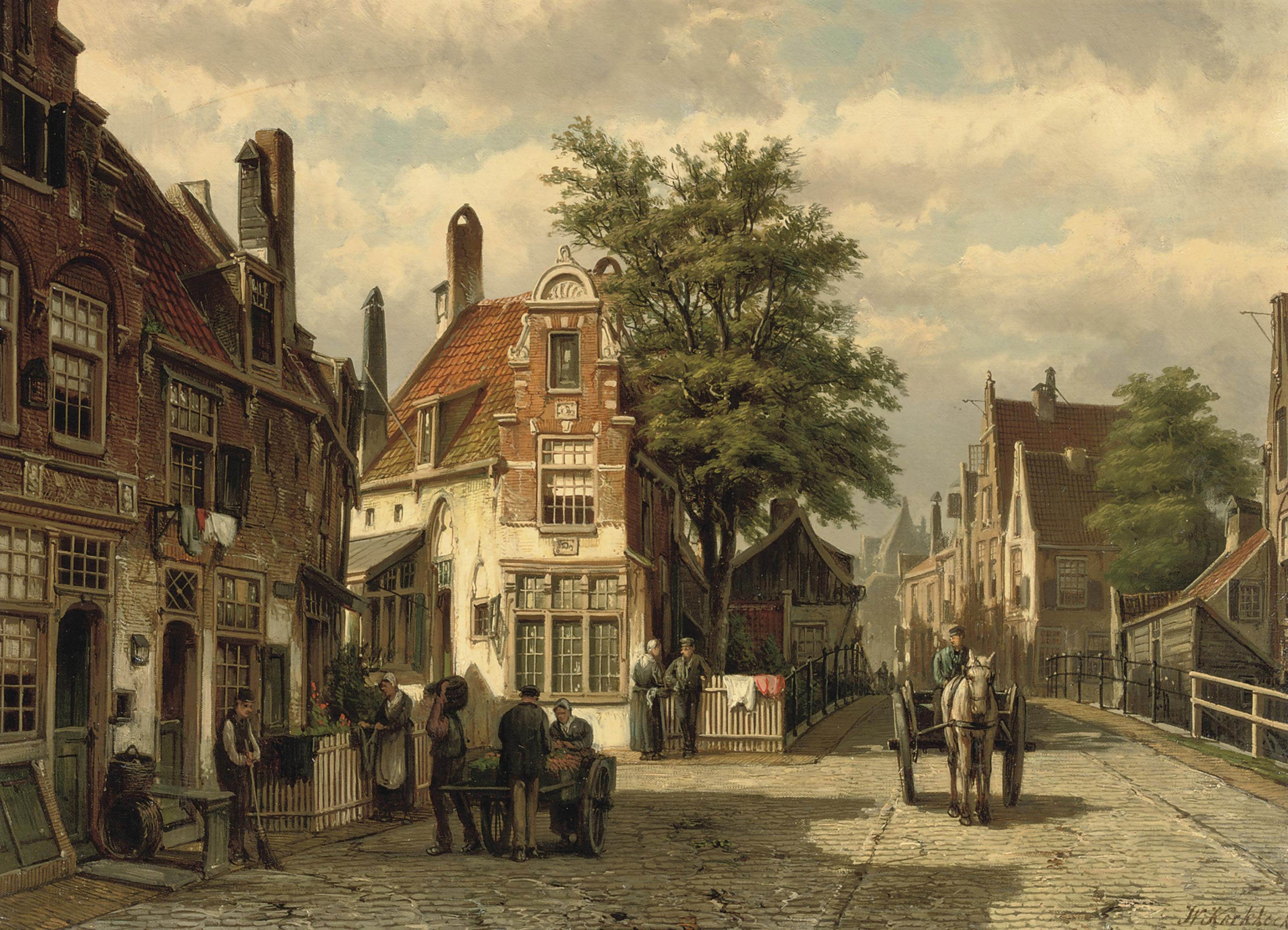 Willem Koekkoek (Amsterdam 1838-1895) , A busy street in summer ...