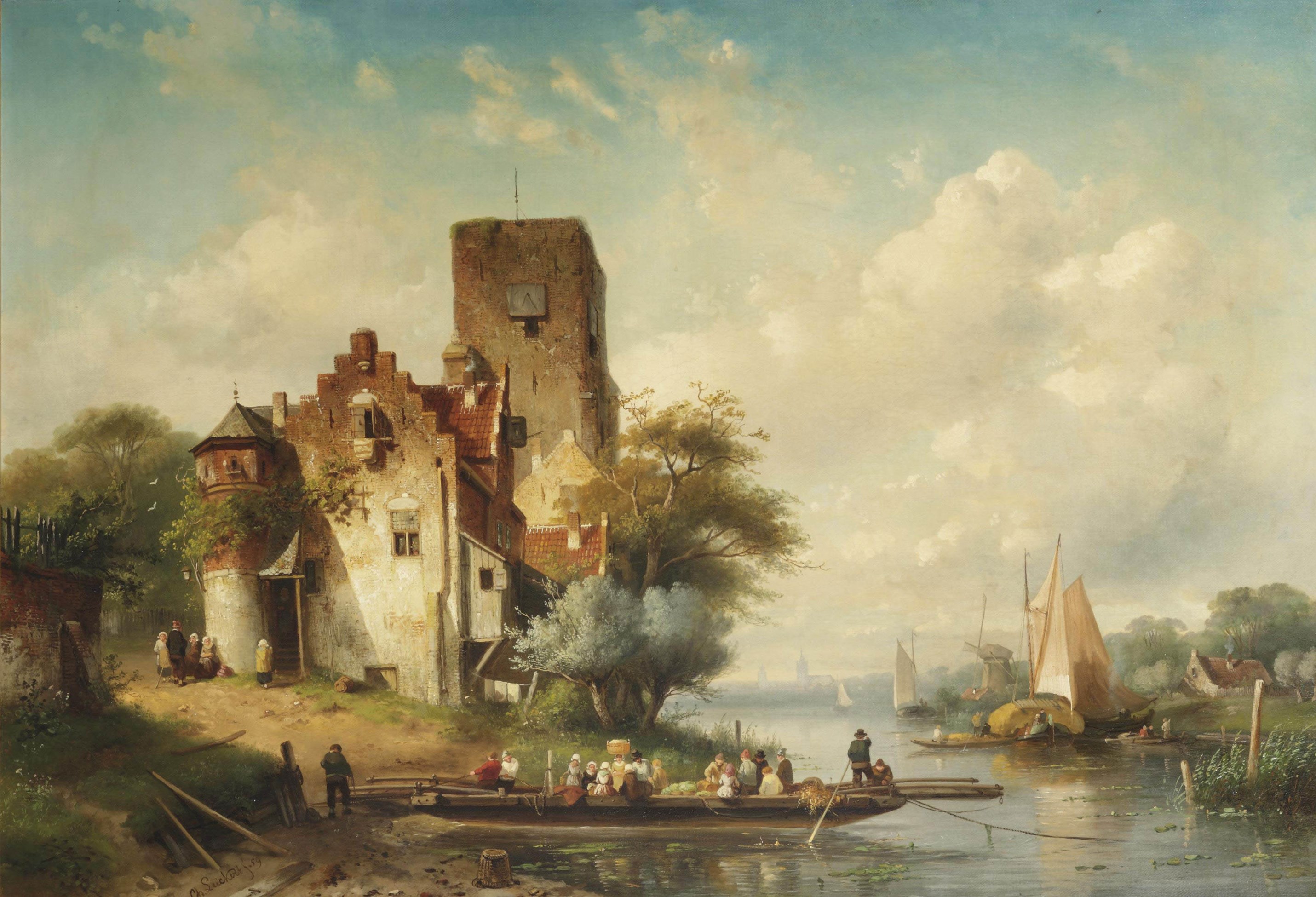 Charles Leickert (Brussels 1816-1907 Mainz) , Mooring the ferry near a ...