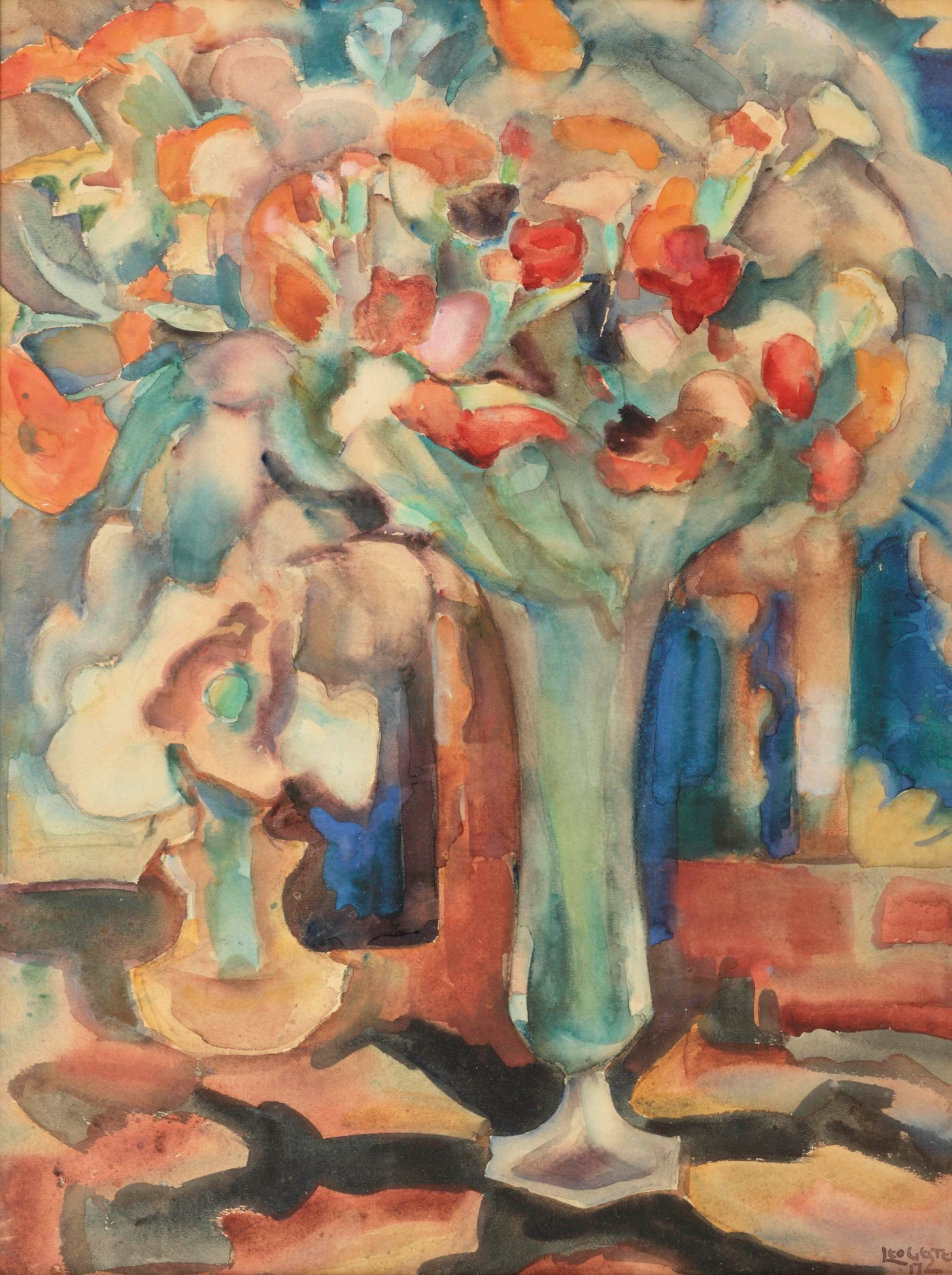 Leo Gestel (1881-1941) , A still life with flowers in a glass vase ...