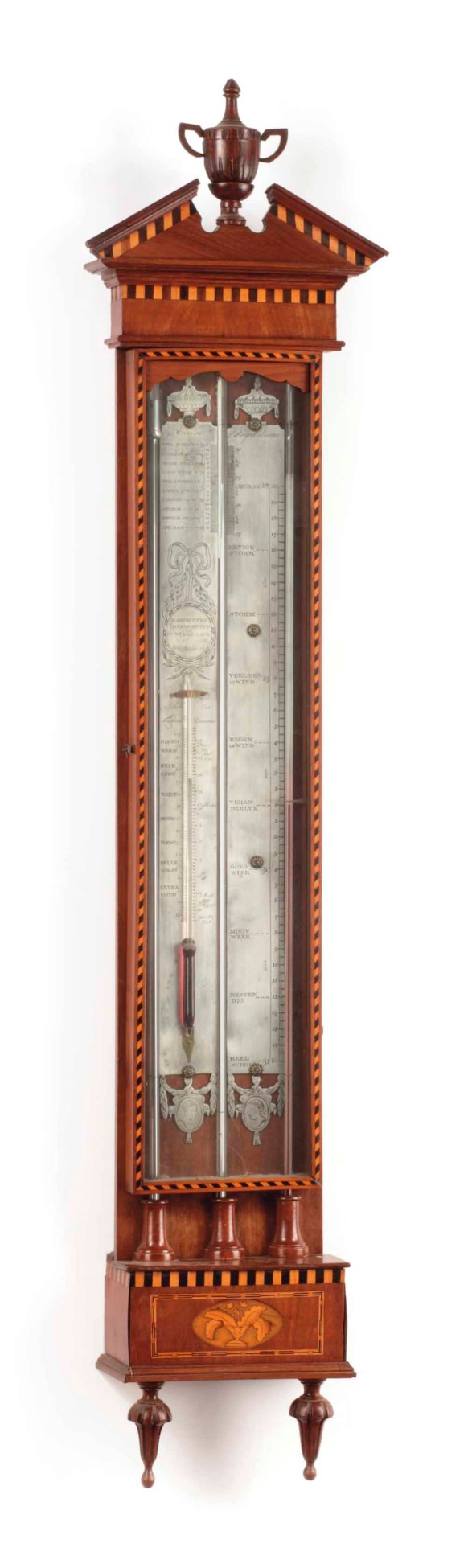 A DUTCH MAHOGANY AND INLAID CISTERN BAROMETER