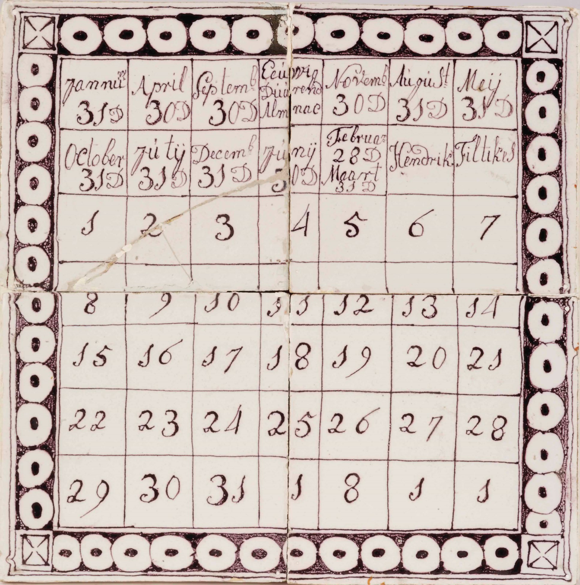 A Dutch Delft manganese 'calendar' tile panel