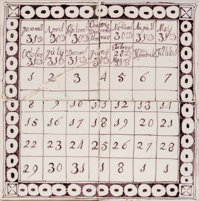 A Dutch Delft manganese 'calendar' tile panel