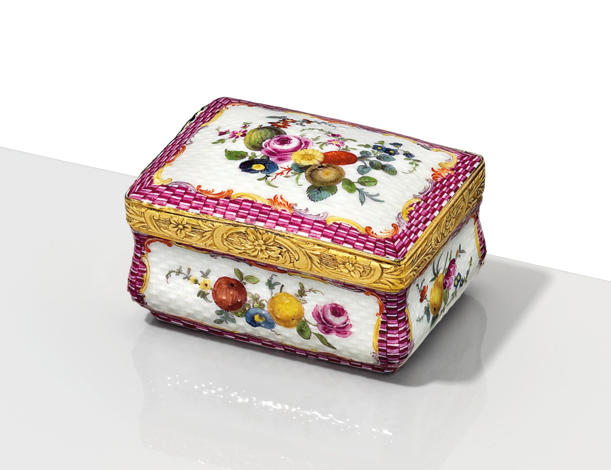 A GERMAN GILT-METAL MOUNTED PORCELAIN SNUFF-BOX , MEISSEN, CIRCA 1755 ...