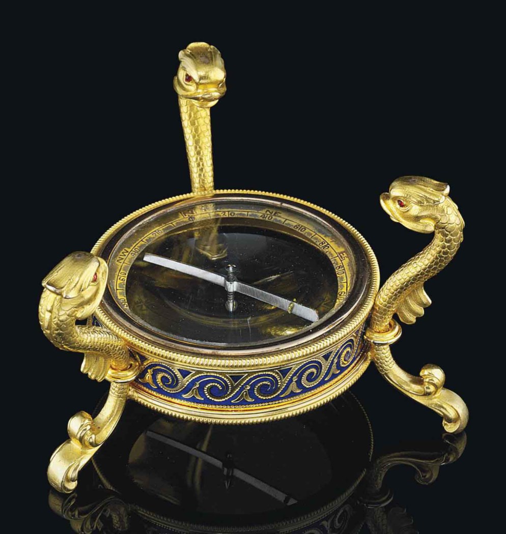A JEWELLED TWO-COLOUR GOLD-MOUNTED AND GUILLOCHÉ ENAMEL TABLE COMPASS ...