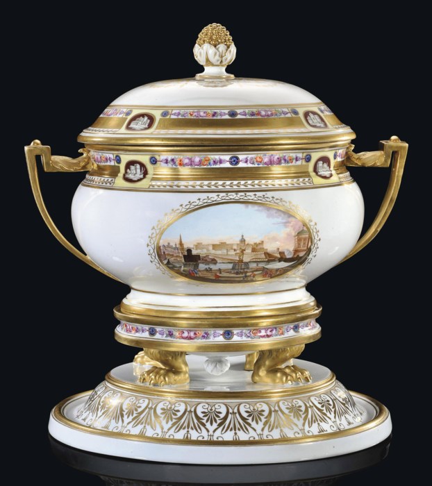 A RARE AND IMPORTANT PORCELAIN TUREEN, COVER AND STAND FROM THE DOWRY ...