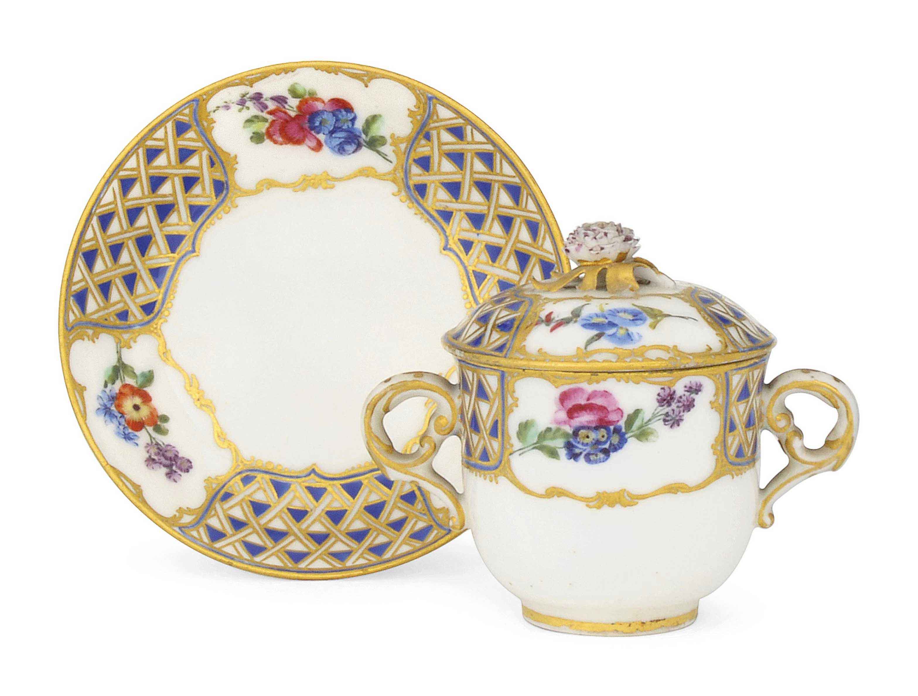 THREE MEISSEN (MARCOLINI) PIERCED QUATREFOIL BASKETS , CIRCA 1780, BLUE ...