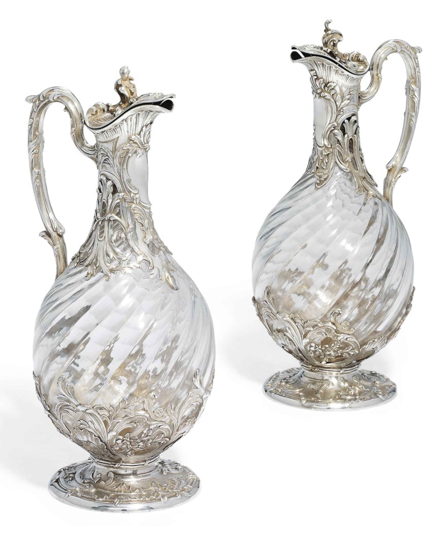 A PAIR OF FRENCH SILVER-MOUNTED GLASS CLARET-JUGS , MARK OF BOIVIN ...