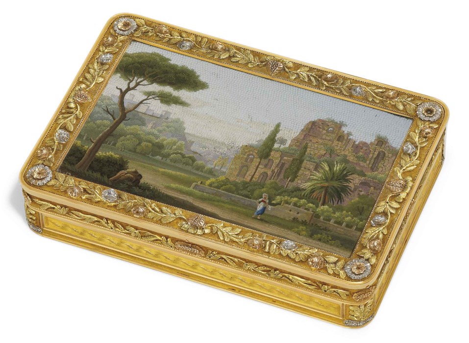 A FRENCH VARI-GOLD SNUFF-BOX SET WITH A ROMAN MICROMOSAIC PLAQUE , BY ...