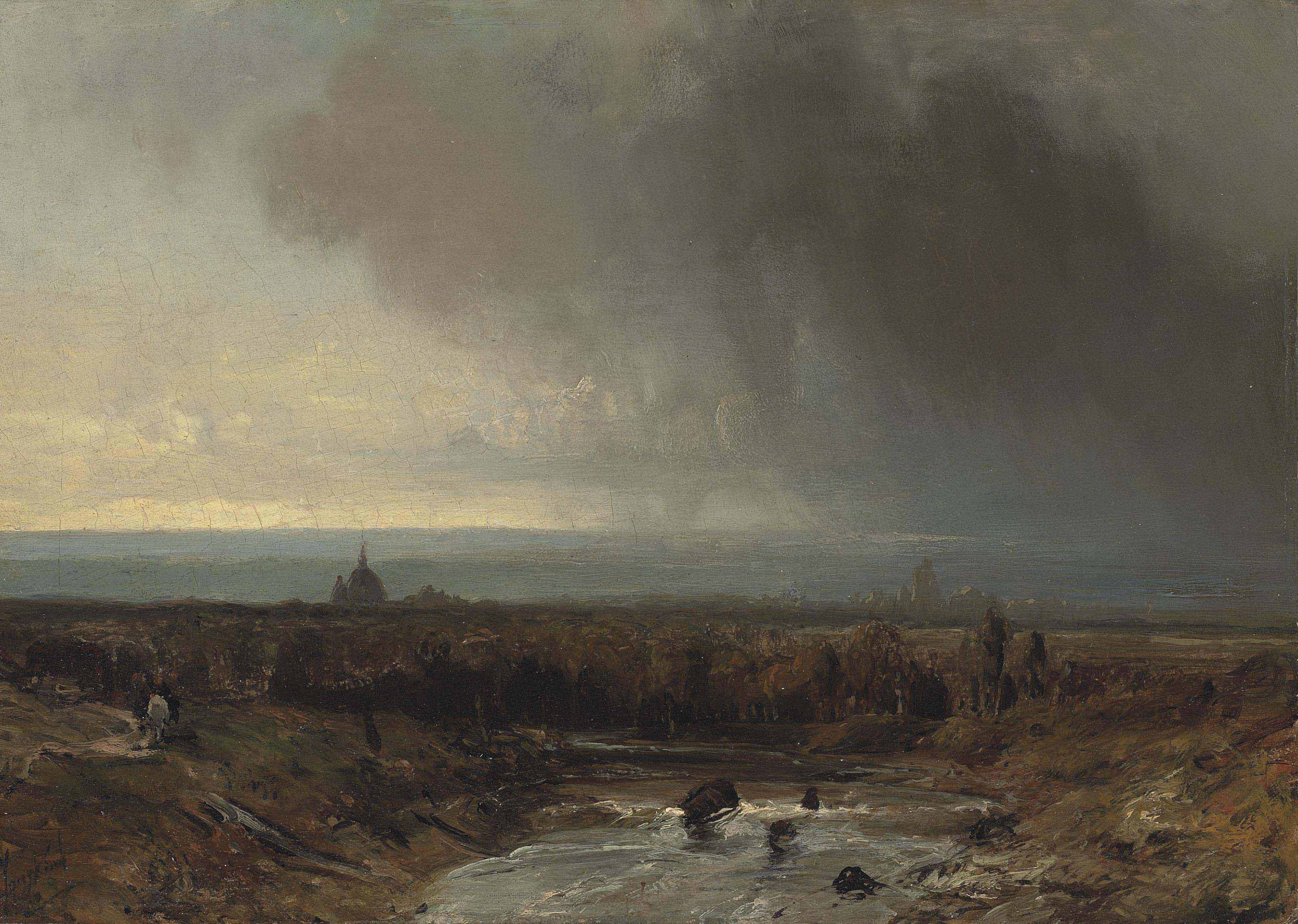 Johan Barthold Jongkind (Dutch, 1819-1891) , A river landscape beneath ...