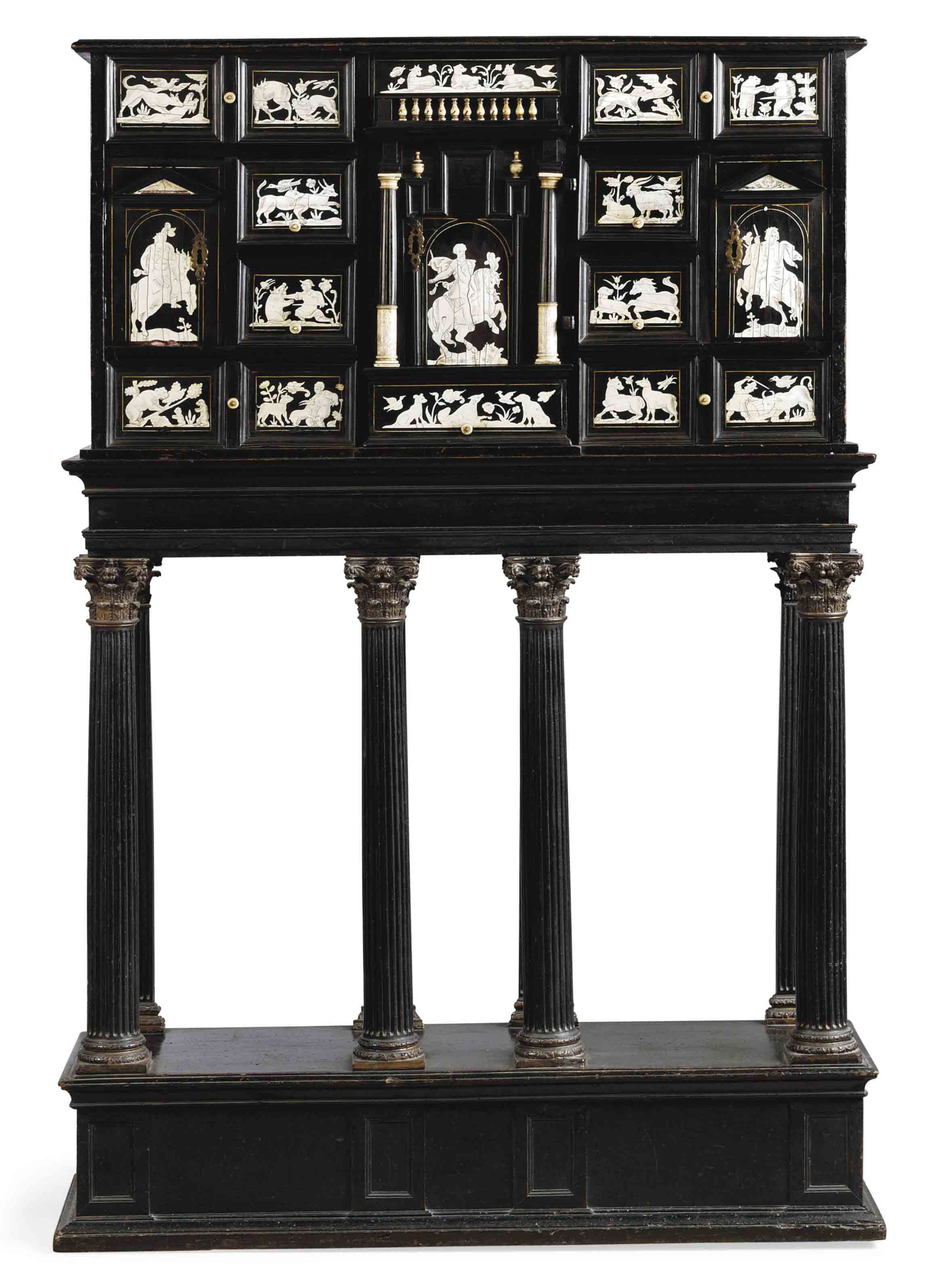 A NORTH ITALIAN IVORY-INLAID EBONY CABINET-ON-STAND