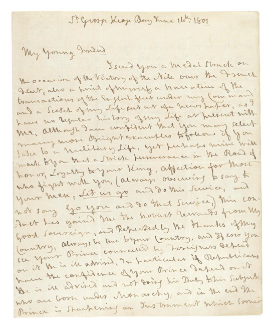 NELSON, Horatio, Viscount (1758-1805). Autograph letter signed ('Nelson ...