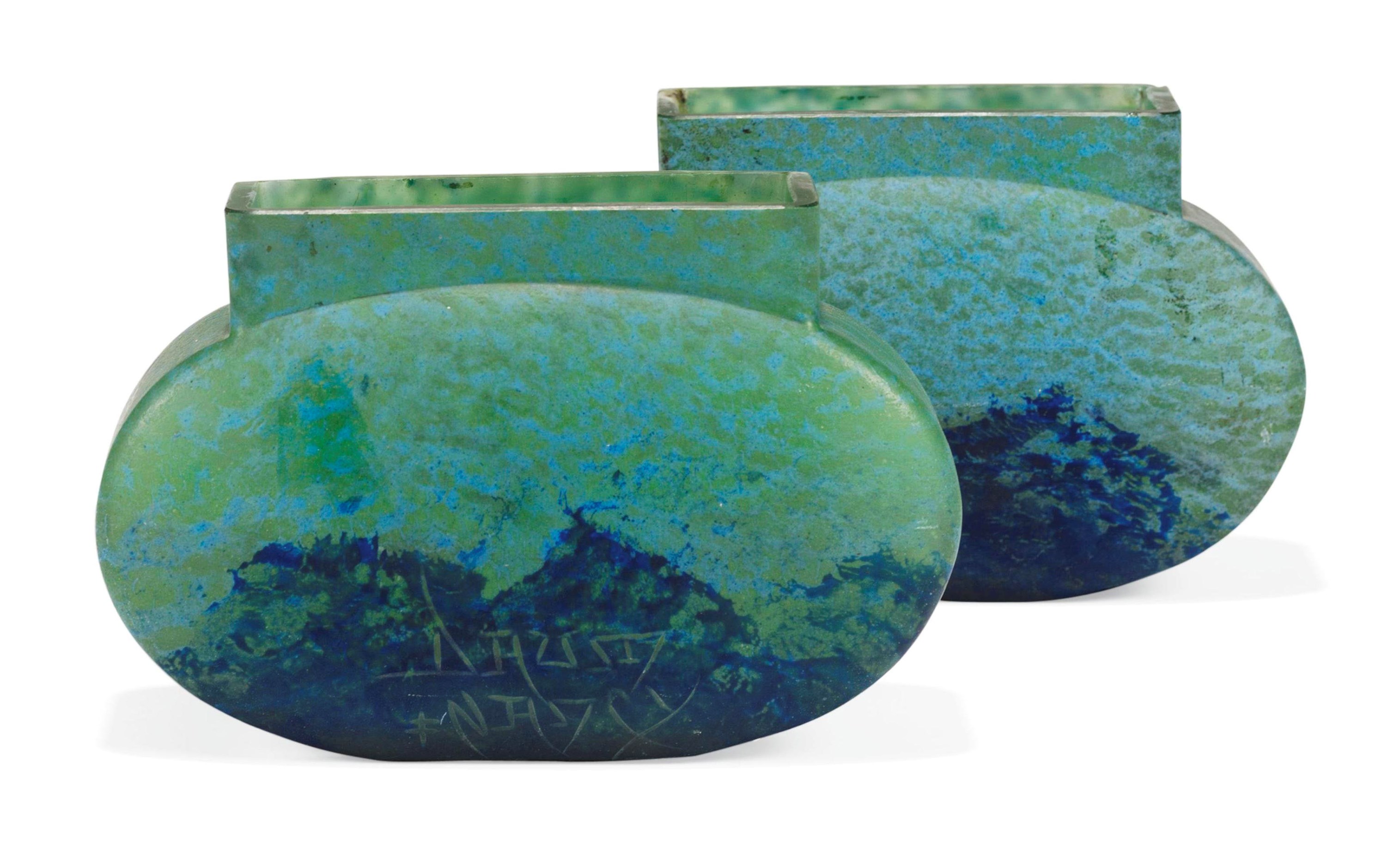 A PAIR OF DAUM FROSTED GREEN AND BLUE OVAL VASES , EACH WITH INCISED ...