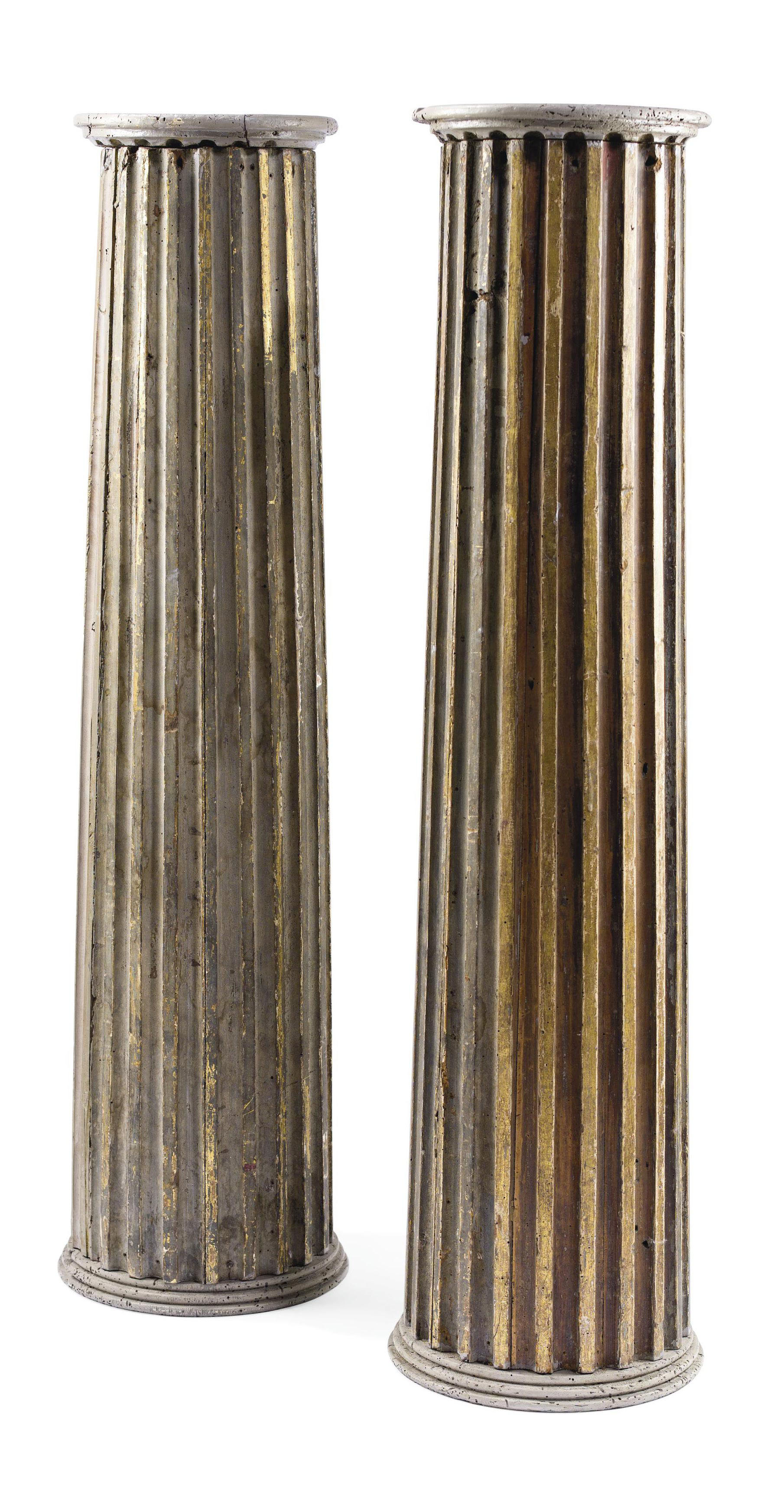 A PAIR OF NEOCLASSICAL GREY-PAINTED AND PARCEL-GILT FLUTED COLUMNS