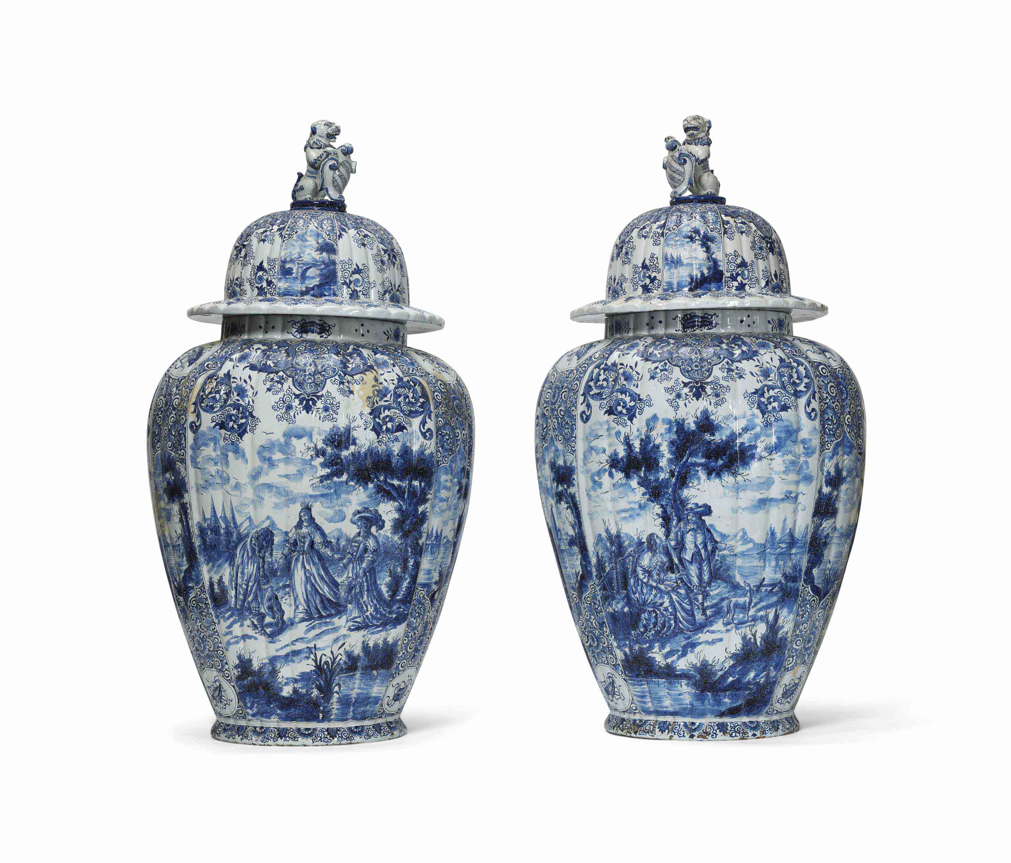 A PAIR OF DUTCH DELFT BLUE AND WHITE RIBBED OVIFORM HALL VASES AND ...