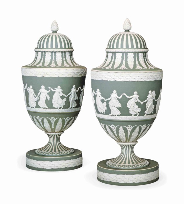 A PAIR OF LARGE WEDGWOOD GREEN JASPERWARE VASES AND COVERS , CIRCA 1870 ...