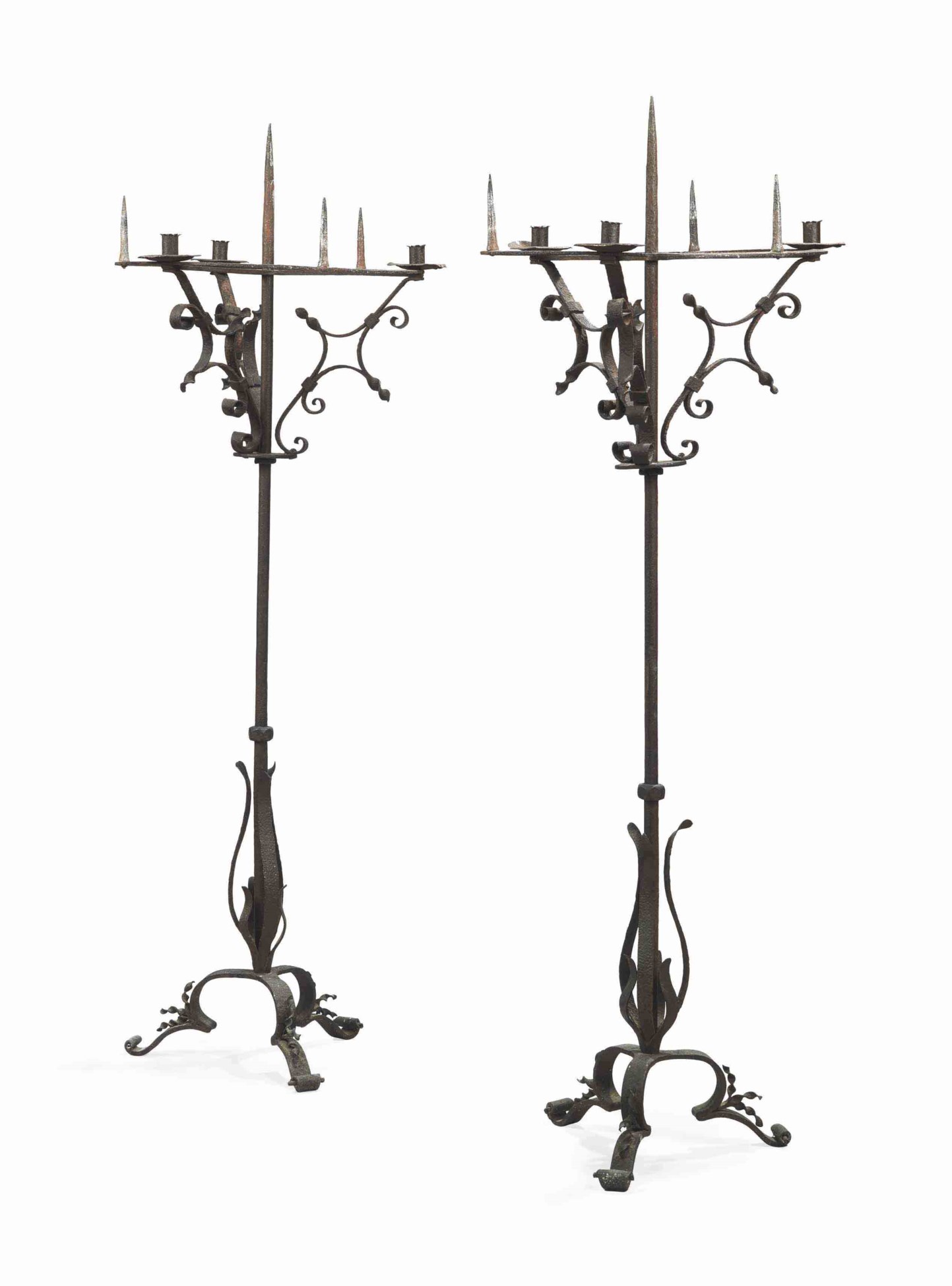 A PAIR OF WROUGHT-IRON FLOOR-STANDING CANDELABRA , EARLY 20TH CENTURY ...