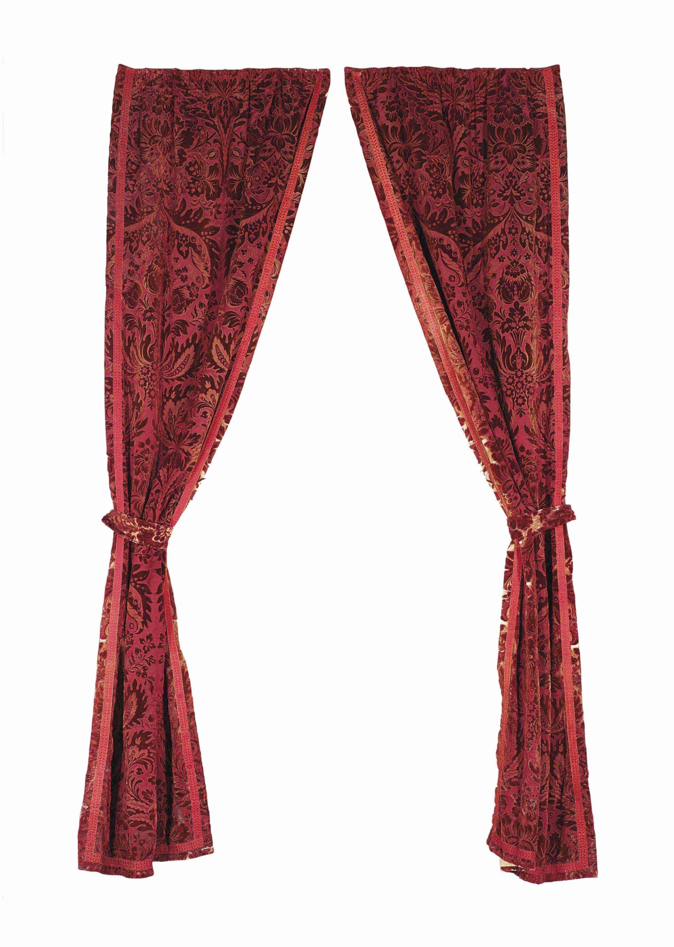 THREE PAIRS OF BURGUNDY CUT AND UNCUT VELVET CURTAINS