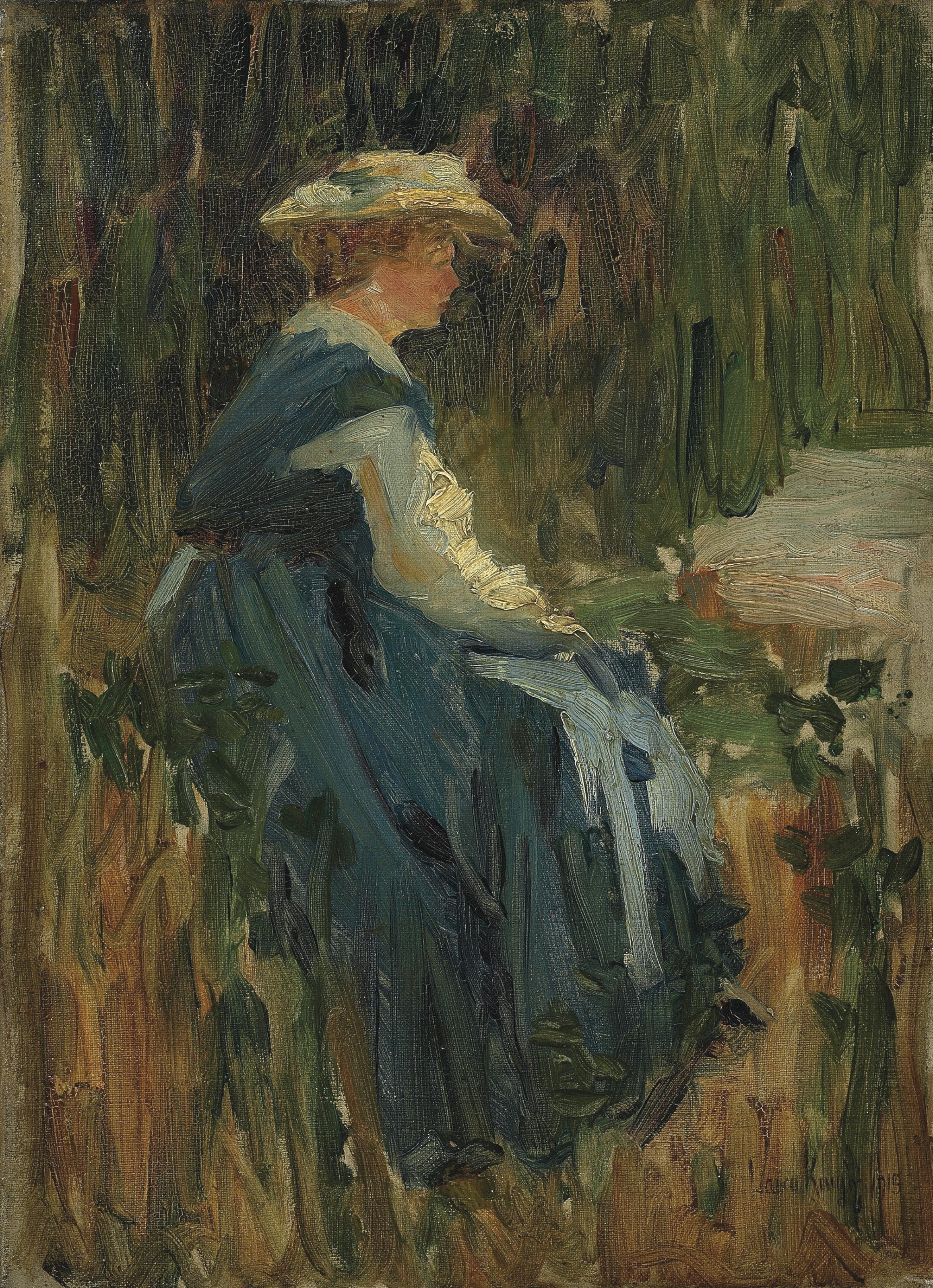 Dame Laura Knight, R.A., R.W.S. (1877-1970) , Lady in a blue dress ...