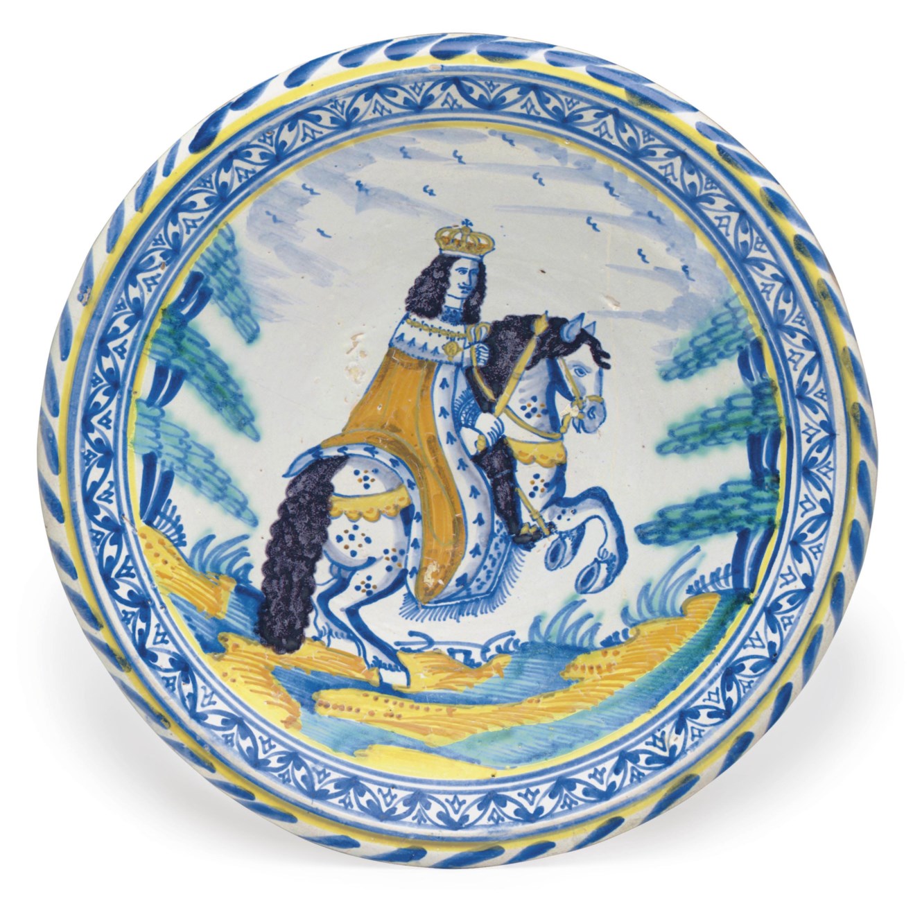 A LONDON DELFT BLUE-DASH POLYCHROME ROYAL EQUESTRIAN PORTRAIT CHARGER ...