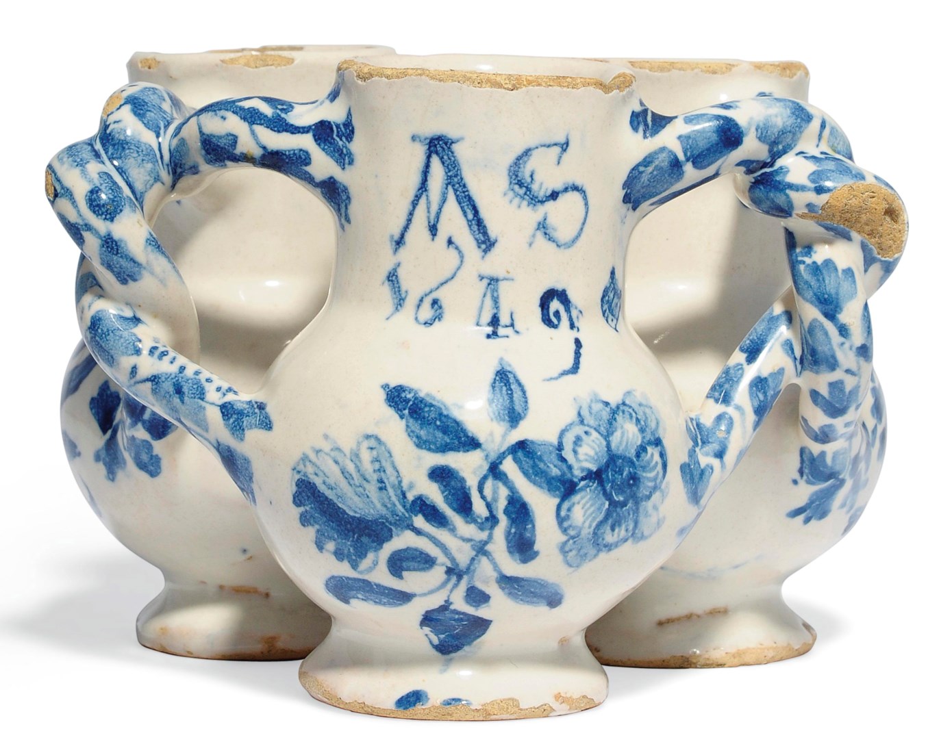 A LONDON DELFT DATED BLUE AND WHITE FUDDLING-CUP , 1649, PROBABLY ...