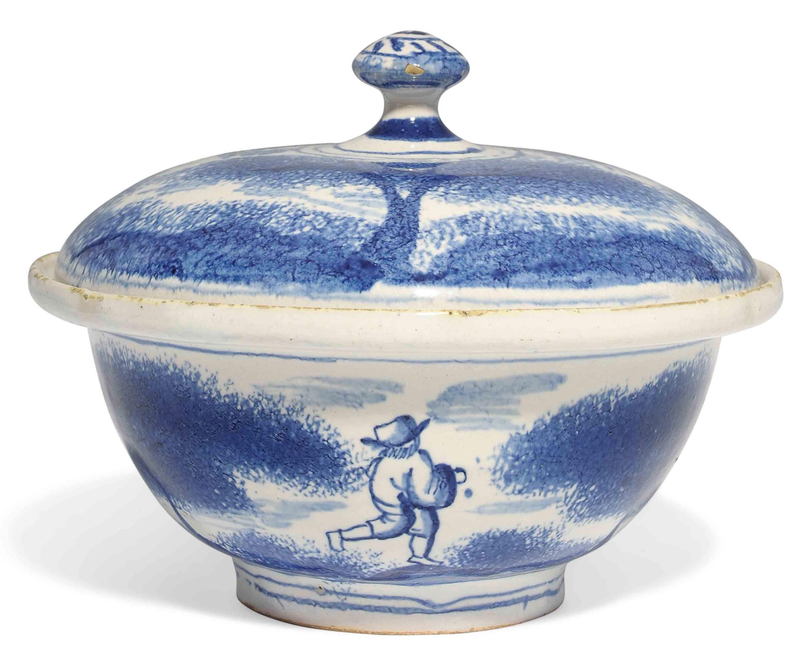 AN ENGLISH DELFT BLUE AND WHITE CIRCULAR BUTTER DISH AND COVER , CIRCA ...