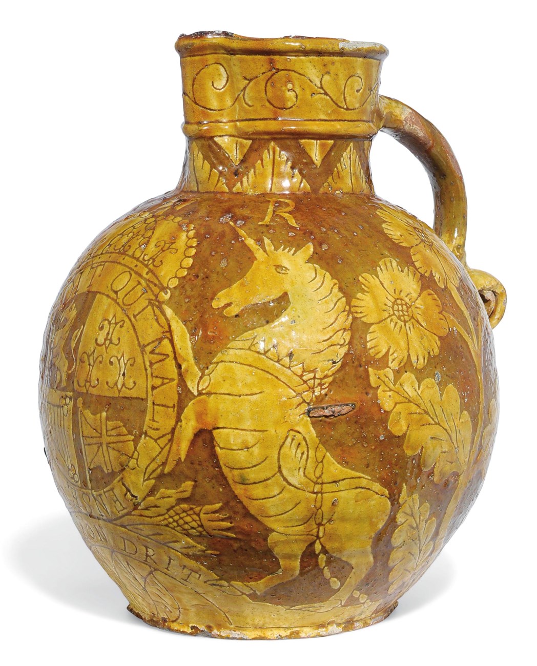 A NORTH DEVON SLIPWARE SGRAFFITO-DECORATED DATED ARMORIAL JUG , 1791 ...