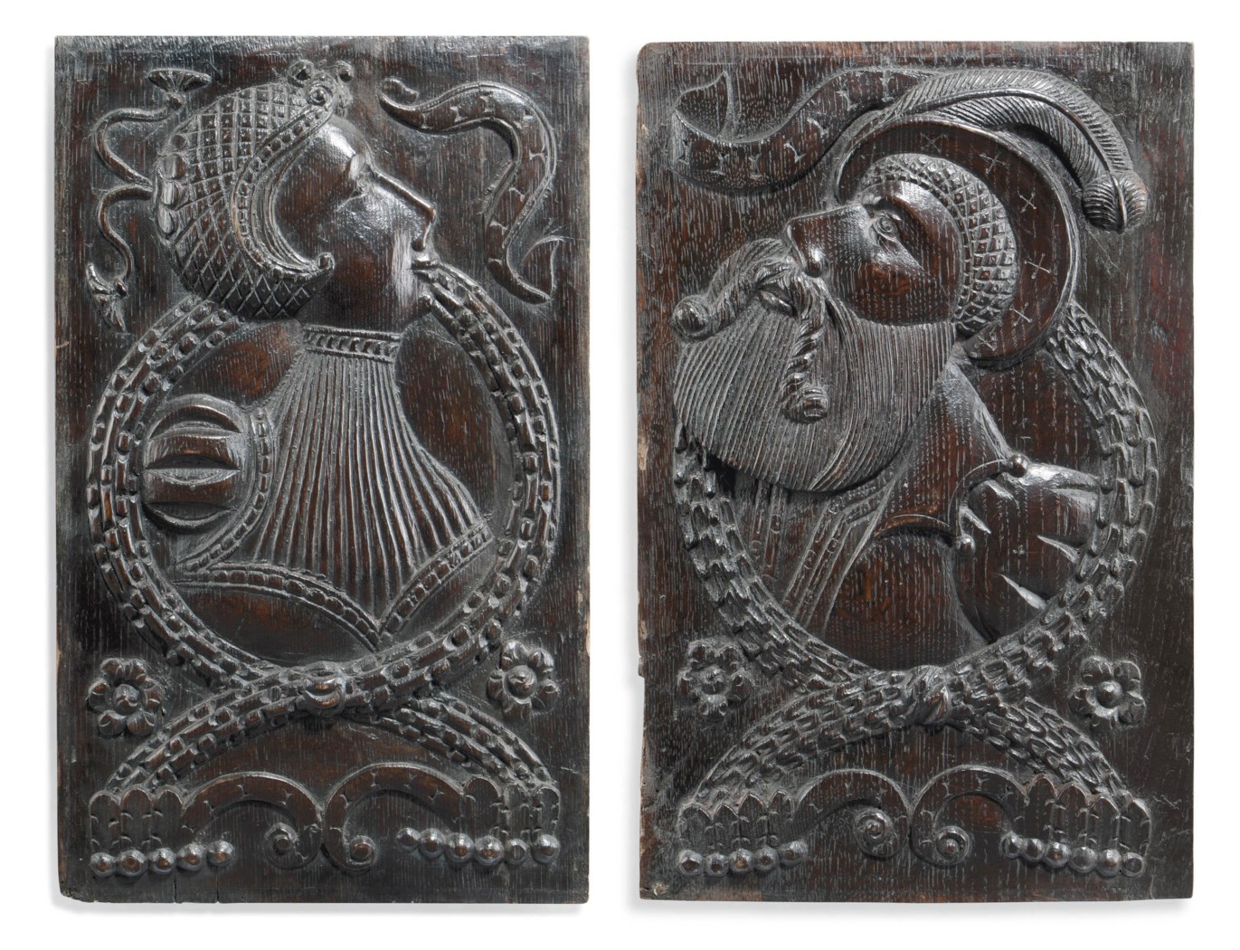 A PAIR OF ENGLISH OAK 'ROMAYNE HEAD' PANELS , CIRCA 1530 | Christie's