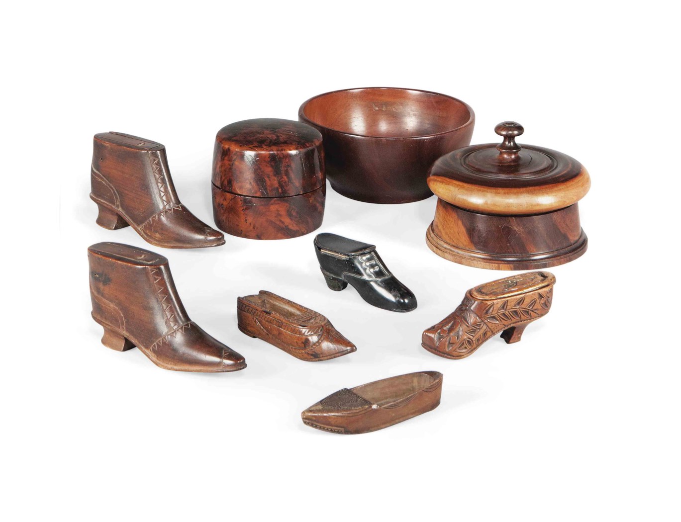 A PAIR OF NOVELTY FRUITWOOD 'SHOE' SNUFF BOXES , MID-19TH CENTURY ...