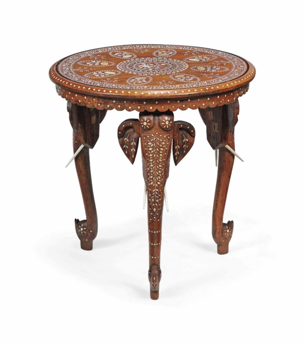 A SMALL INDIAN HARDWOOD AND IVORY INLAID OCCASIONAL TABLE